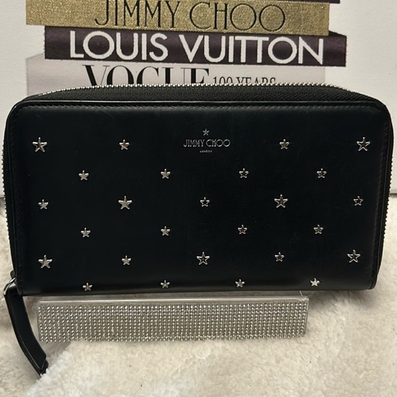 Jimmy Choo | Bags | Jimmy Choo Black Leather Abiko Star Studded Zip ...